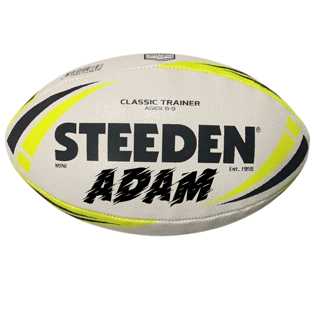 PERSONALISED WHITE/YELLOW STEEDEN RUGBY LEAGUE BALL (Mini Size) – U ...